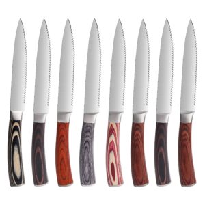 luvcosy pakkawood steak knives set of 8, 8pcs set of stainless steel serrated steak knives with pakka wood handle, fine edge dinner knife set with gift box for home party