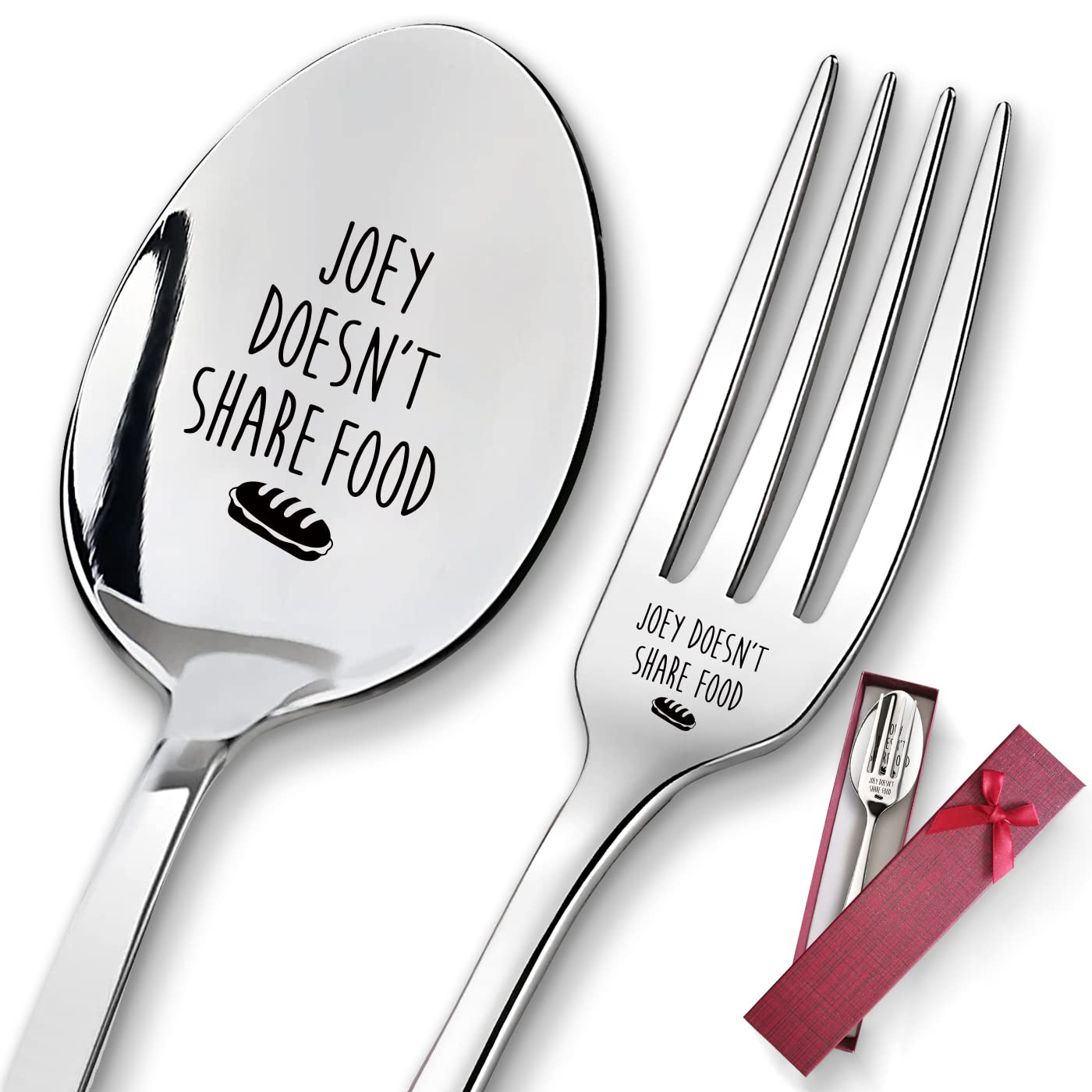 2 Pieces Joey Doesn't Share Food - Engraved Stainless Spoon Fork Set, Kitchen Restaurant Long Handle Dinner Spoop and Fork for Women, Men, Friends, Sister Birthday Christmas Gifts