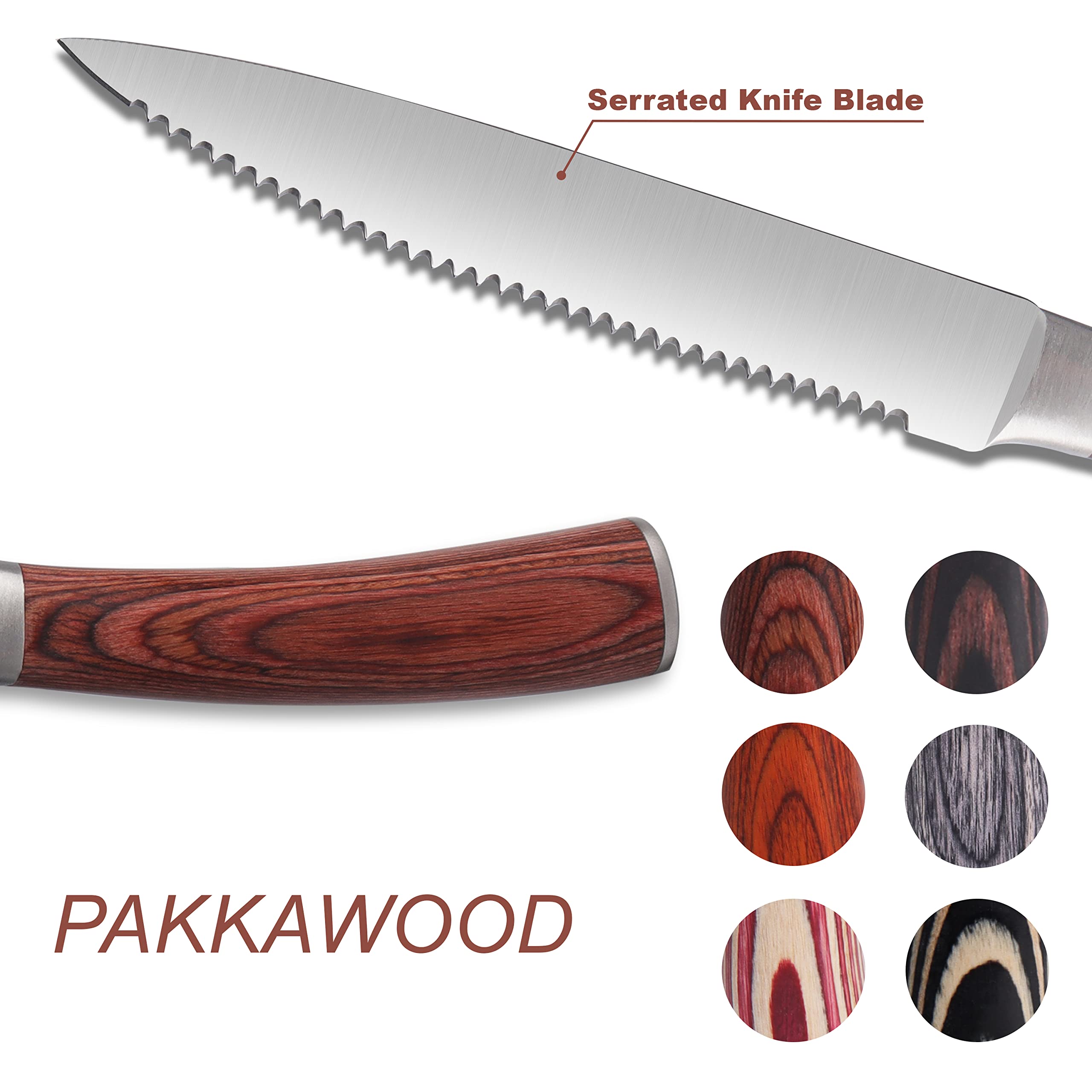 LUVCOSY Pakkawood Steak Knives Set of 8, 8PCS Set of Stainless Steel Serrated Steak Knives with Pakka Wood Handle, Fine Edge Dinner Knife Set with Gift Box for Home Party