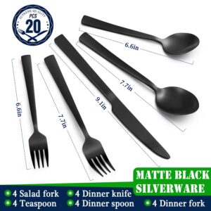 Matte Black Silverware Set for 4, 20 Piece Black Utensils Flatware Set, Stainless Steel Tableware Cutlery Set for Home Kitchen Includes Forks Spoons and Knives Set, Dishwasher Safe