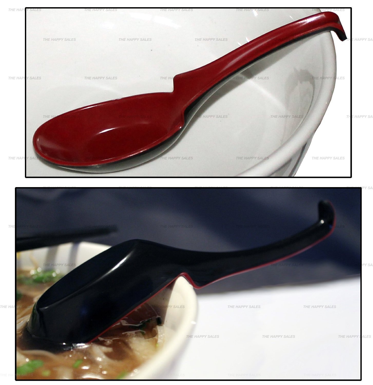 Happy Sales Melamine Soba, Rice Spoons, Chinese Won Ton Soup Spoon, Asian Red and Black, 6 Pack Notch & Hook Style