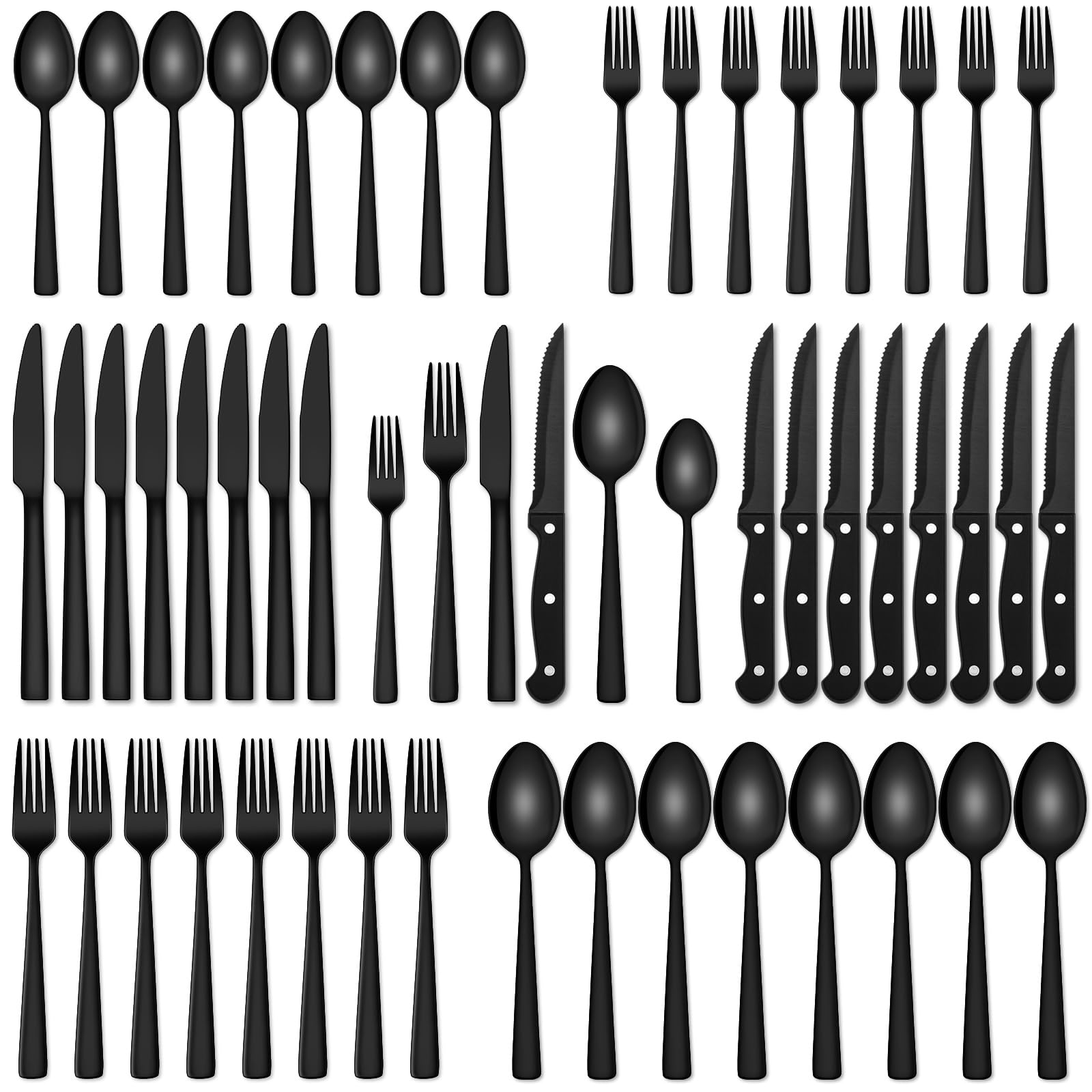 Yoehka 48-Piece Black Silverware Set with Steak Knives,Stainless Steel Black Flatware Cutlery Set for 8, Durable Home Kitchen Eating Tableware Set, Include Fork Knife Spoon Set, Hand Wash Recommended