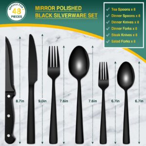 Yoehka 48-Piece Black Silverware Set with Steak Knives,Stainless Steel Black Flatware Cutlery Set for 8, Durable Home Kitchen Eating Tableware Set, Include Fork Knife Spoon Set, Hand Wash Recommended