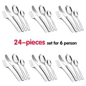 Silverware Set, HOBO 24-Piece Stainless Steel Flatware Silverware Set with Premium Gift box, Include Knife/Fork/Spoon/Teaspoon Service for 6, Mirror Finish, Smooth Edge