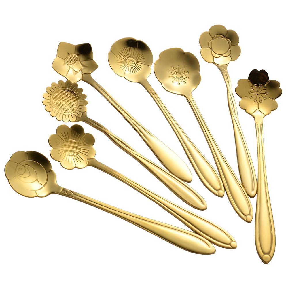 AnSaw 8 Pcs Flower Spoon Set, Stainless Steel Reusable Tea Scoops Stirring Spoon Coffee Spoon Mixing Spoon Sugar Dessert Cake Spoon Ice Cream Spoons Tableware for Tea Parties (length:4.9 inch, Gold)