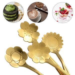 AnSaw 8 Pcs Flower Spoon Set, Stainless Steel Reusable Tea Scoops Stirring Spoon Coffee Spoon Mixing Spoon Sugar Dessert Cake Spoon Ice Cream Spoons Tableware for Tea Parties (length:4.9 inch, Gold)