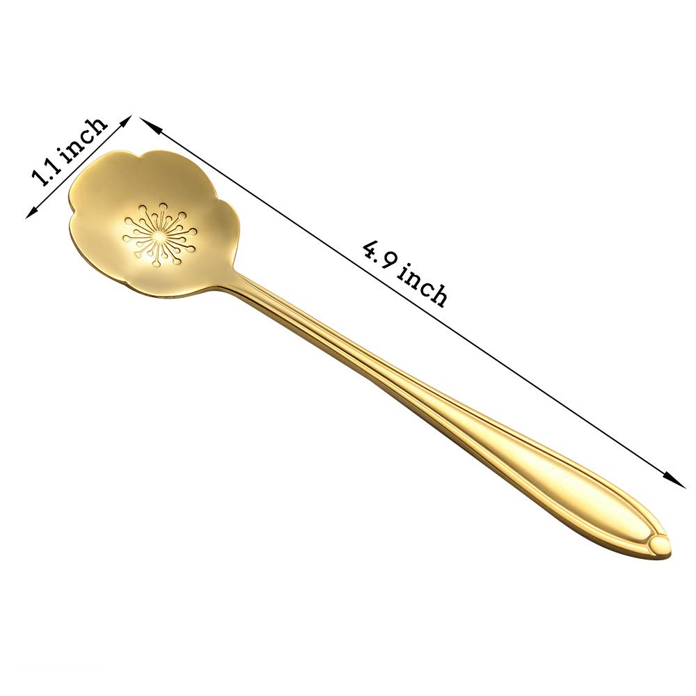 AnSaw 8 Pcs Flower Spoon Set, Stainless Steel Reusable Tea Scoops Stirring Spoon Coffee Spoon Mixing Spoon Sugar Dessert Cake Spoon Ice Cream Spoons Tableware for Tea Parties (length:4.9 inch, Gold)