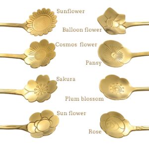 AnSaw 8 Pcs Flower Spoon Set, Stainless Steel Reusable Tea Scoops Stirring Spoon Coffee Spoon Mixing Spoon Sugar Dessert Cake Spoon Ice Cream Spoons Tableware for Tea Parties (length:4.9 inch, Gold)