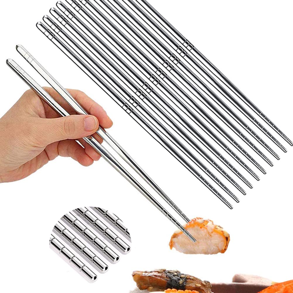 5 Pairs Metal Chopsticks Reusable, Stainless Steel Chopsticks Set, Lightweight 304 Non-Slip Metal Chop Sticks Dishwasher Safe, Japanese Korean for Cooking Chopsticks 8.9 Inch (Silver)