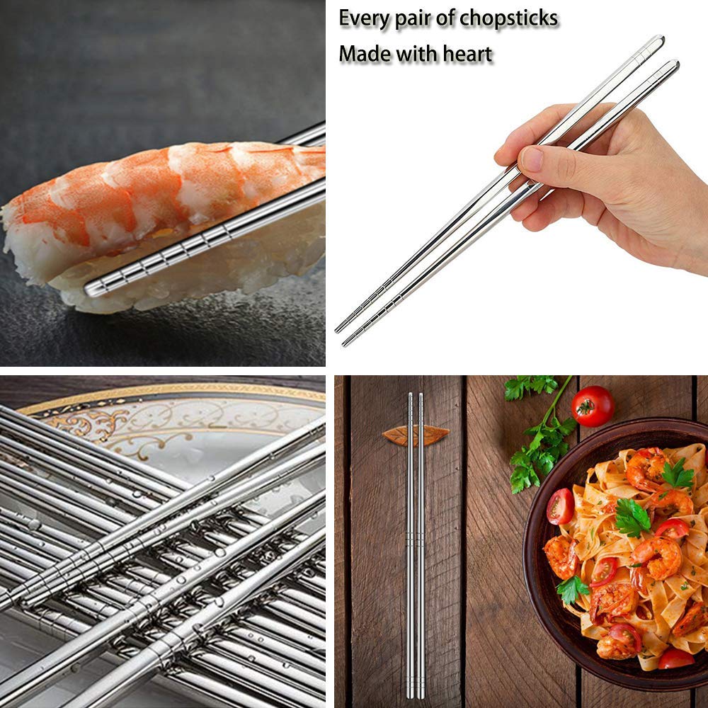 5 Pairs Metal Chopsticks Reusable, Stainless Steel Chopsticks Set, Lightweight 304 Non-Slip Metal Chop Sticks Dishwasher Safe, Japanese Korean for Cooking Chopsticks 8.9 Inch (Silver)