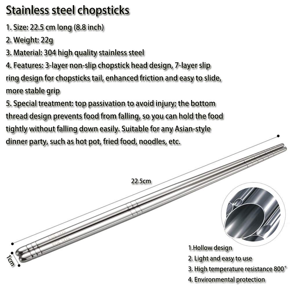 5 Pairs Metal Chopsticks Reusable, Stainless Steel Chopsticks Set, Lightweight 304 Non-Slip Metal Chop Sticks Dishwasher Safe, Japanese Korean for Cooking Chopsticks 8.9 Inch (Silver)