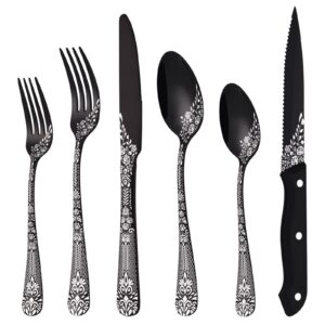 euirio 72-piece black silverware set with steak knives,black flatware set for 12,stainless steel tableware cutlery set,kitchen utensils spoon and fork set with floral laser,dishwasher safe