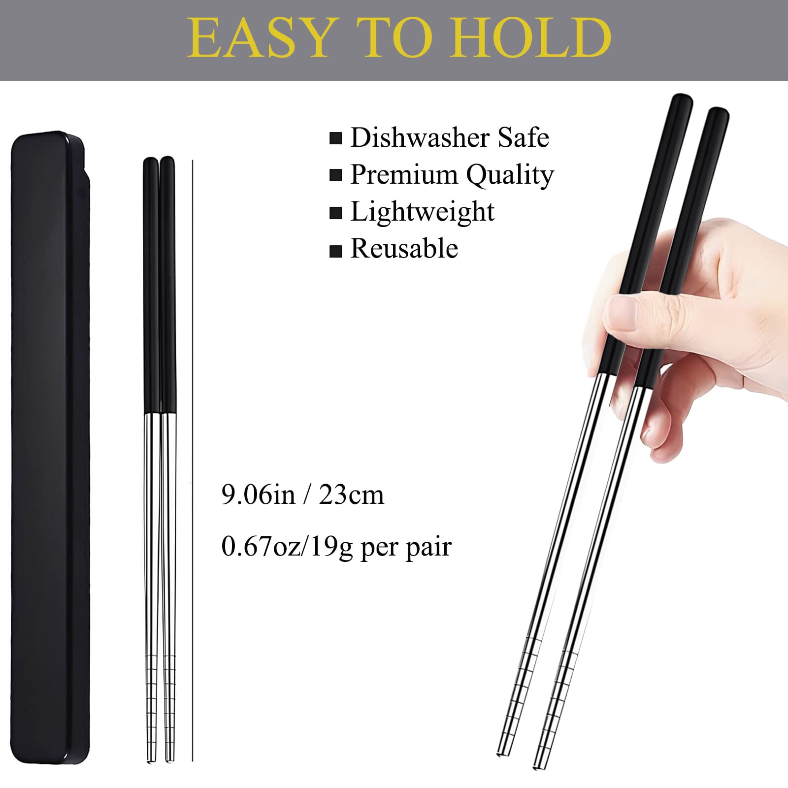 Portable & Reusable Chopsticks Stainless Steel Chopsticks with Case for School,Camping,Travel, Bento Box, 9 Inches in length, Alternative to Wooden (Black+Blue)