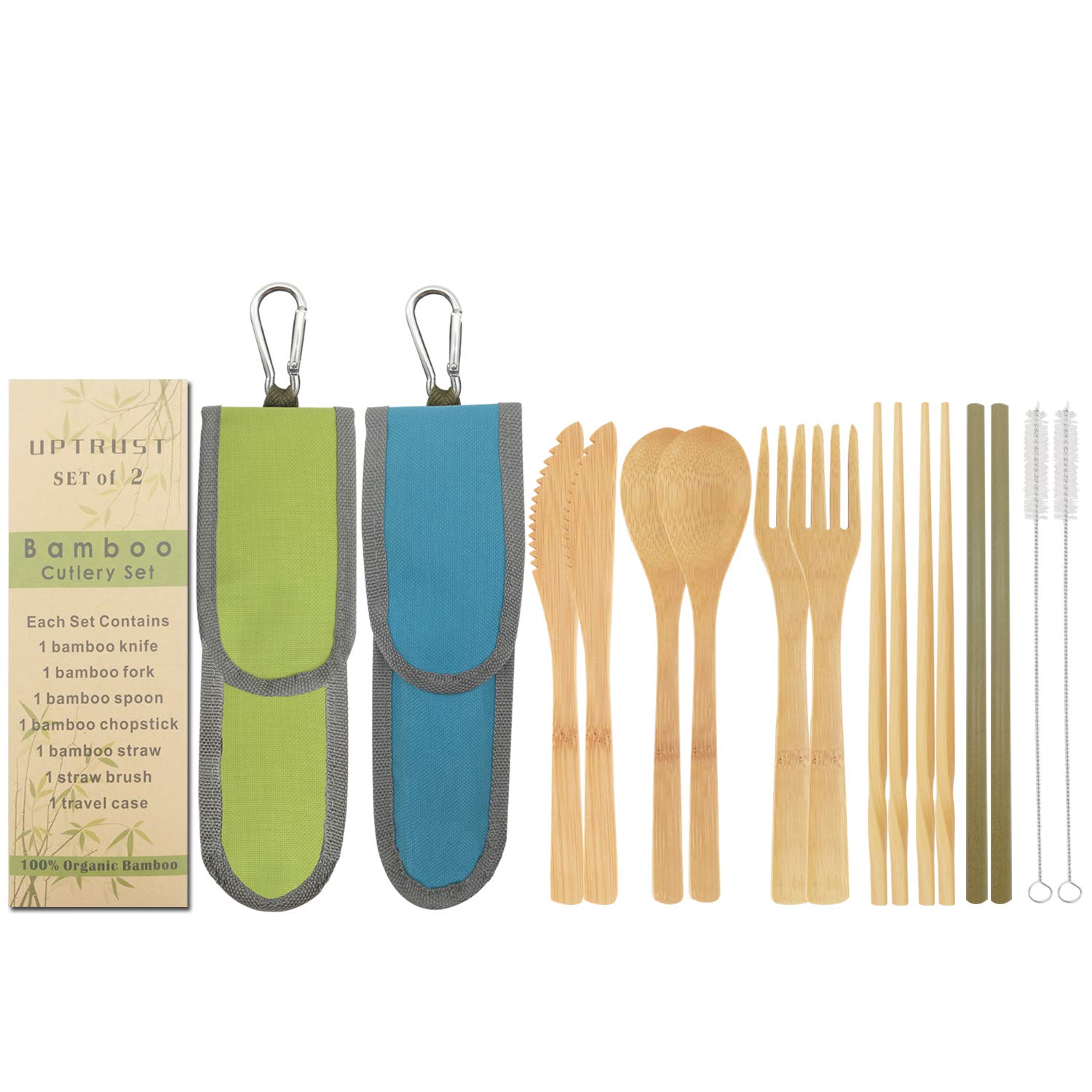 UPTRUST 2 Set Bamboo Cutlery Set Bamboo Travel Utensil Reusable Organic Bamboo Utensil Fork Knife Spoon Chopsticks Straw Cleaning Brush for Travel Picnic School Office（Skyblue& Green）