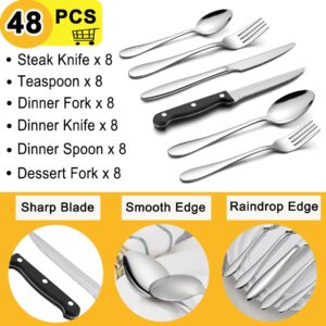 LIANYU 48-Piece Silverware Set for 8 with Steak Knives, Stainless Steel Flatware Cutlery Set, Eating Utensils Tableware Include Forks Knives Spoons, Dishwasher Safe