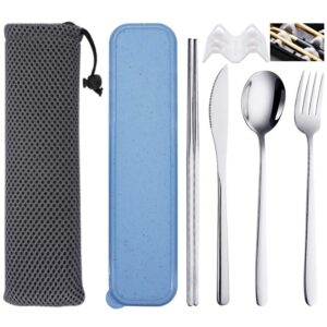 sitake 6 pcs portable stainless steel flatware set, travel reusable utensils set cutlery set including knife fork spoon chopsticks carry case for school, office, camping, picnic(sliver)