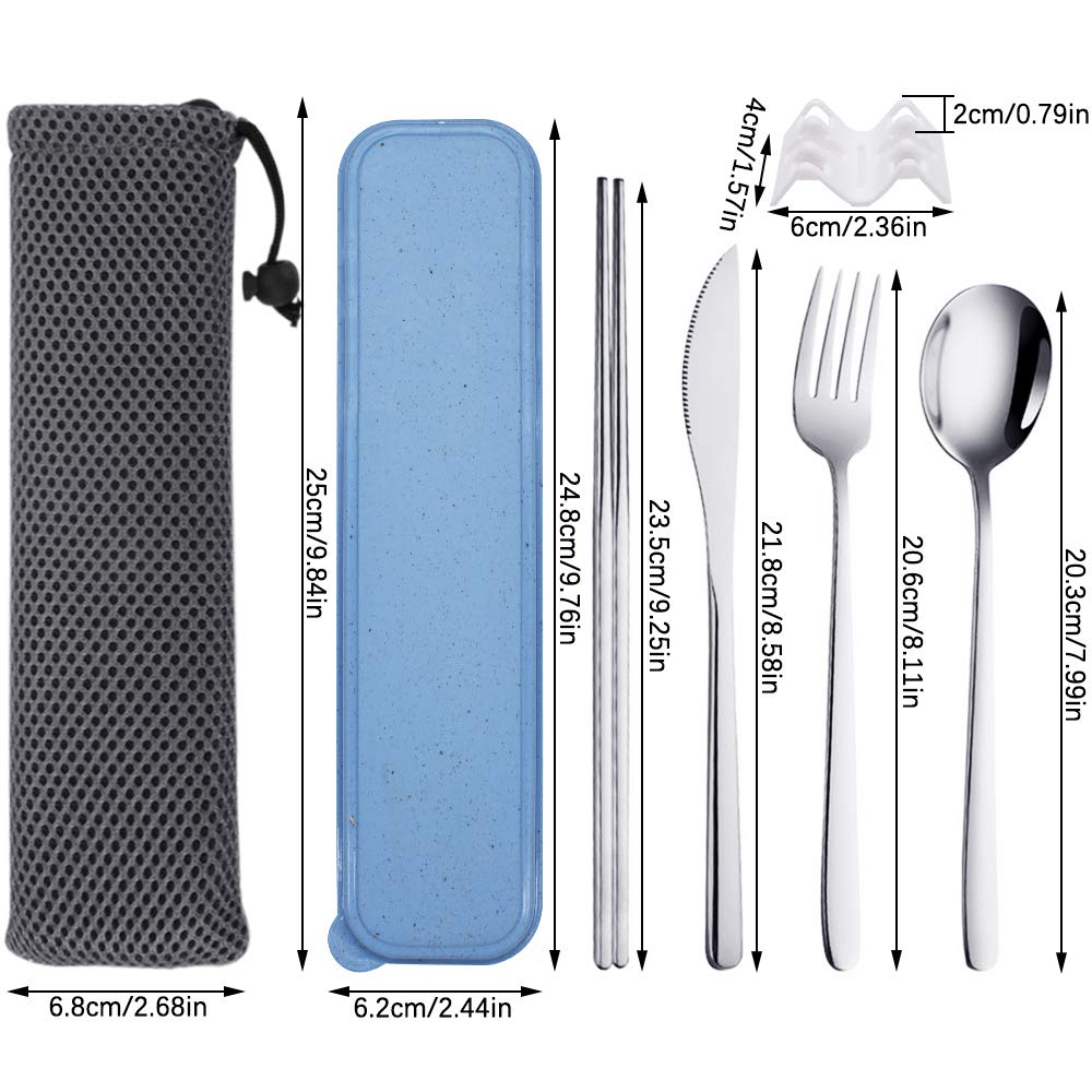 SITAKE 6 Pcs Portable Stainless Steel Flatware Set, Travel Reusable Utensils Set Cutlery Set Including Knife Fork Spoon Chopsticks Carry Case for School, Office, Camping, Picnic(Sliver)