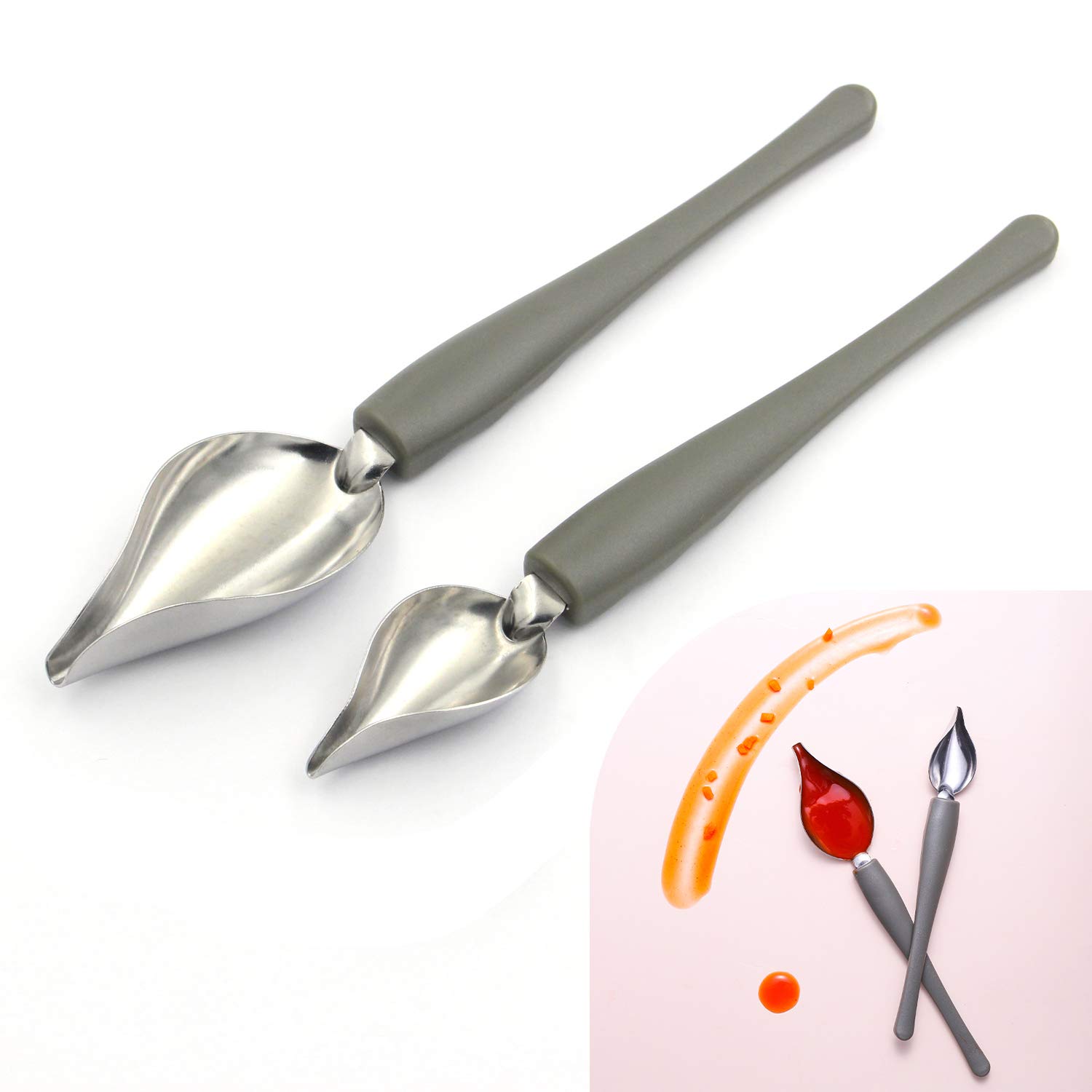 Professional Small Precision Culinary Drawing Decorating Spoons Set,2 Pcs Multi-use Stainless Steel Chef Culinary Drawing Spoons for Decorative Plates,Cake,Dessert with Comfortable Handle