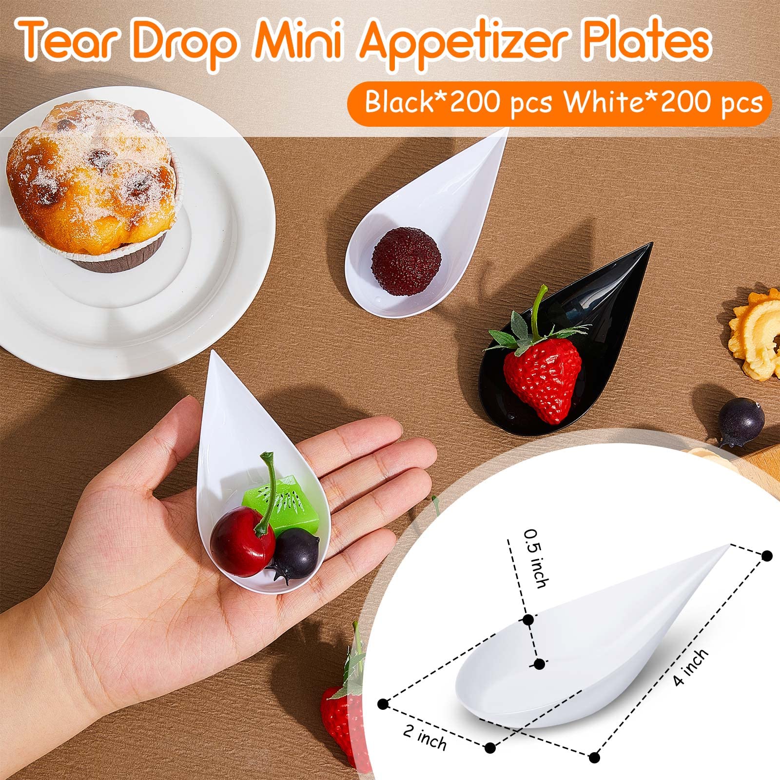 400 Pcs 4'' Tear Drop Mini Appetizer Plates Appetizer Spoons Plastic Tasting Spoons Reusable Disposable Serving Spoons Dessert Spoons Plastic Spoons Soup Spoons for Serving Dessert Dishes White, Black