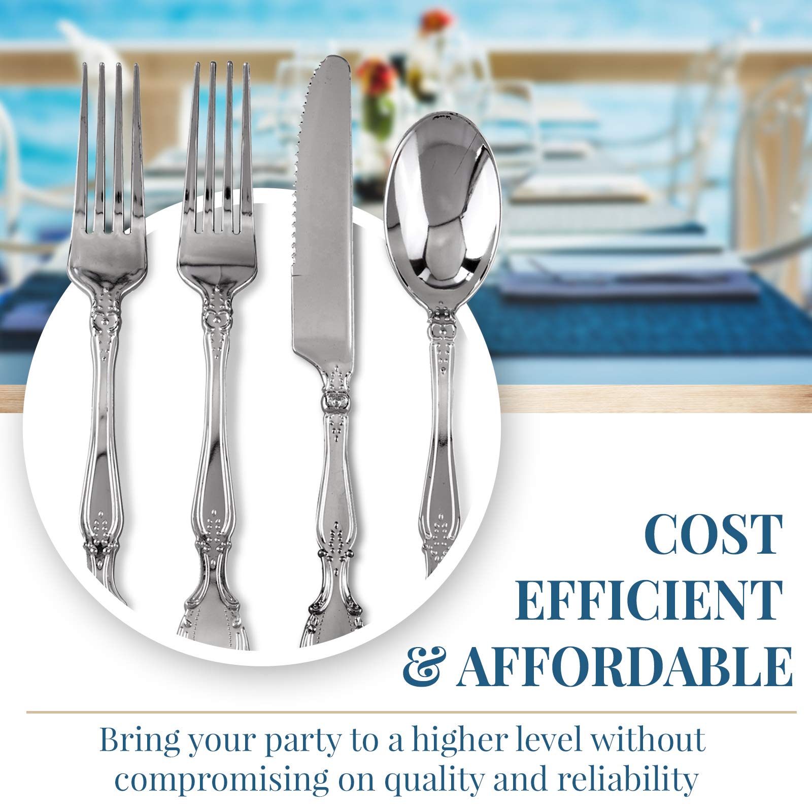 Antique Design Disposable Flatware Set (96 PC) Plastic Silverware Cutlery Set for 24, 24 Spoons, 24 Knives, 48 Forks, Heavy Duty Plastic Utensil Set for Weddings and Events, Baroque Collection, Silver