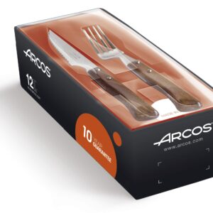 Arcos Steak Set 12 pieces 4 Inch Nitrum Stainless Steel. Ergonomic Polyoxymethylene POM Handle and 110 mm knife Blade. Pocket Knife Pack with Pearl Edge for Cutting Meat. Series Mesa. Color Brown