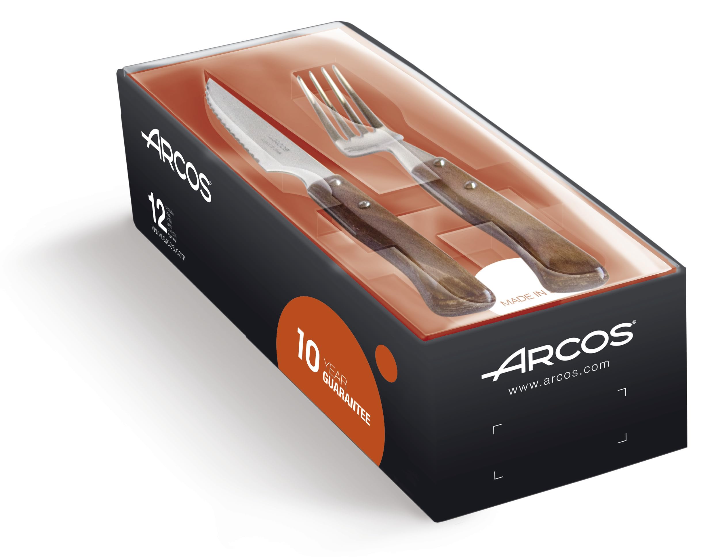 Arcos Steak Set 12 pieces 4 Inch Nitrum Stainless Steel. Ergonomic Polyoxymethylene POM Handle and 110 mm knife Blade. Pocket Knife Pack with Pearl Edge for Cutting Meat. Series Mesa. Color Brown