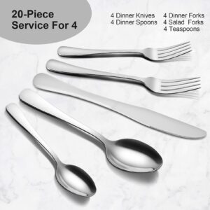 Silverware Set for 4, 20-piece Flatware Set Service for 4, Stainless Steel Cutlery Utensils Set, Home Kitchen Restaurant Silverware Tableware Sets, Mirror Polished Knife Fork Spoon Set