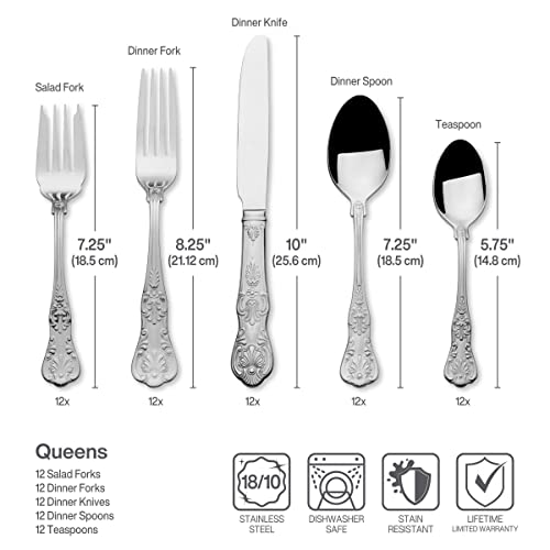 Wallace Queen 65-Piece 18/10 Stainless Steel Flatware Set, Silver, Service for 12 -