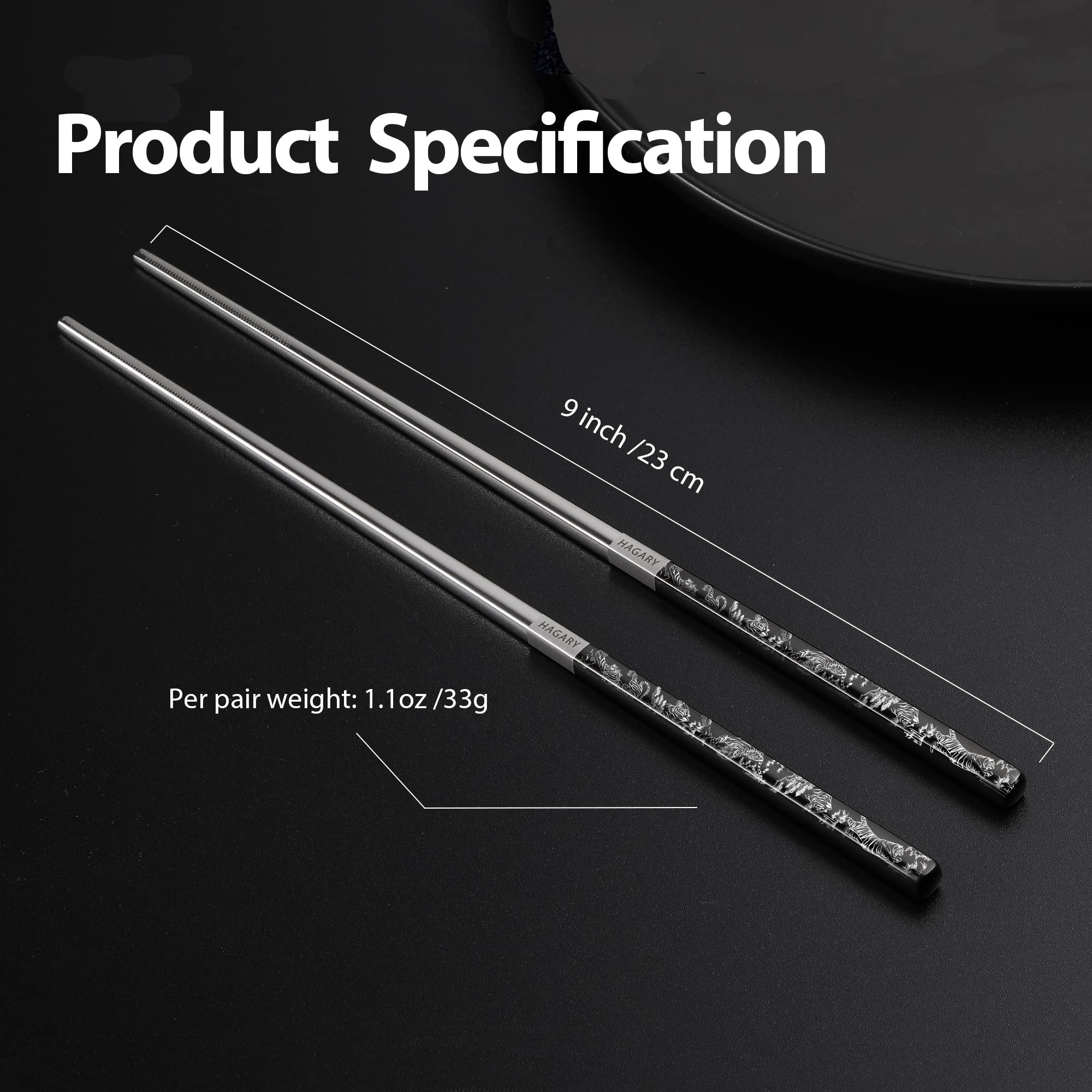 Hagary Tiger Chopsticks Metal Chopsticks Reusable Designed In Korea Japanese Style Stainless Steel 316 18/10 Non-Slip Dishwasher Safe Laser Etched (Black - 2 Pairs)