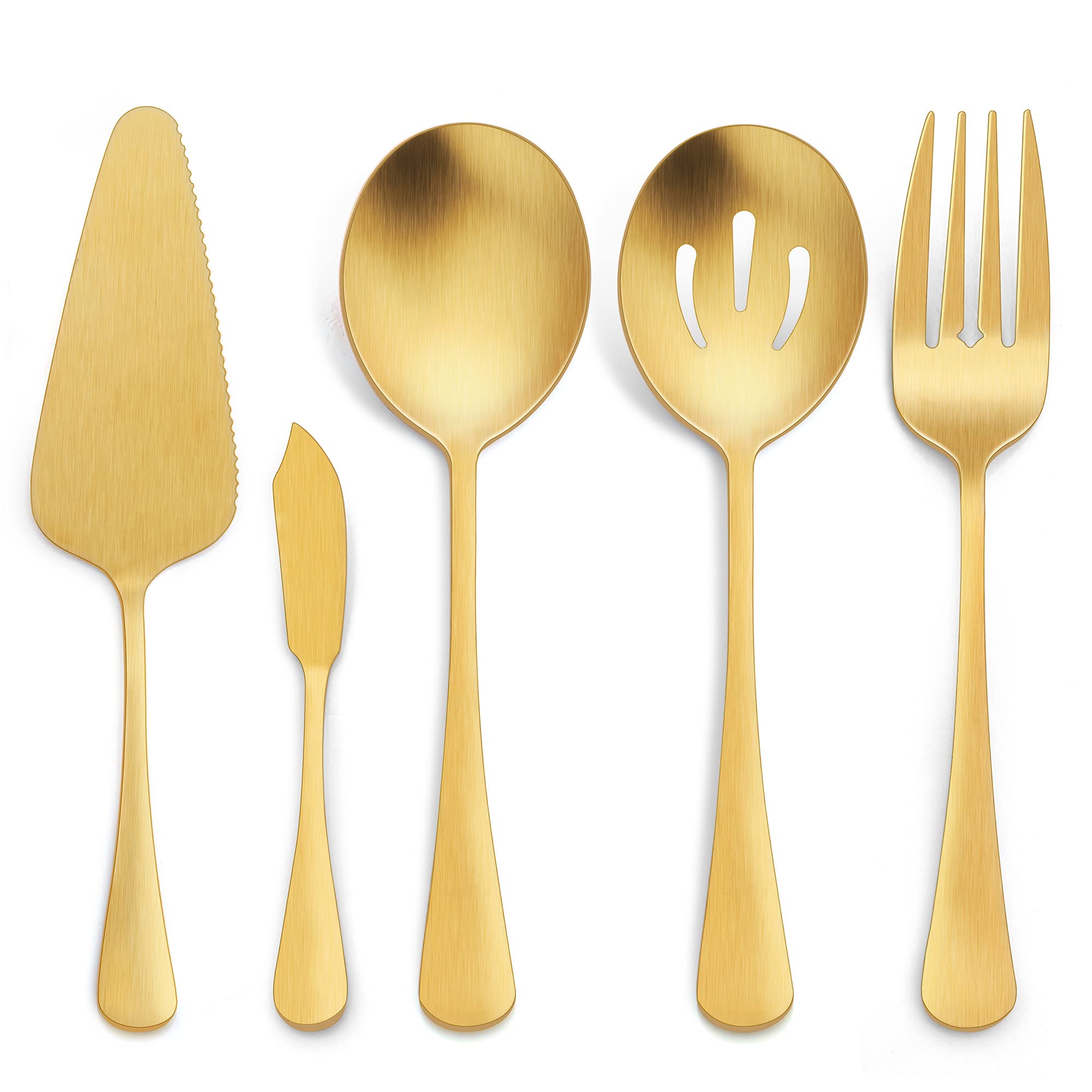 LIANYU 5-Piece Matte Gold Serving Utensils Set, Stainless Steel Serving Set Include Serving Spoon Fork, Flatware Serving Pieces for Buffet Catering, Satin Finish, Dishwasher Safe