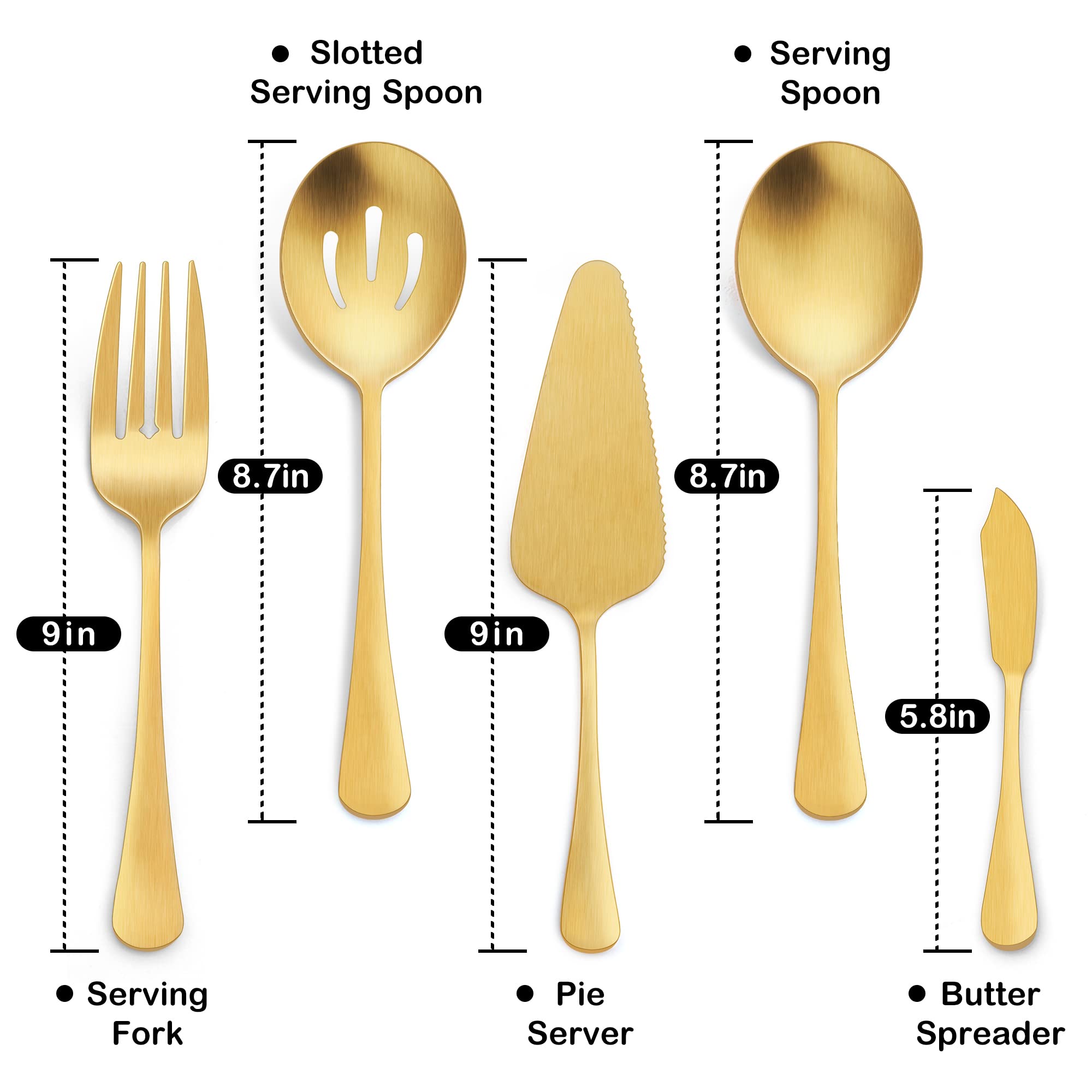 LIANYU 5-Piece Matte Gold Serving Utensils Set, Stainless Steel Serving Set Include Serving Spoon Fork, Flatware Serving Pieces for Buffet Catering, Satin Finish, Dishwasher Safe