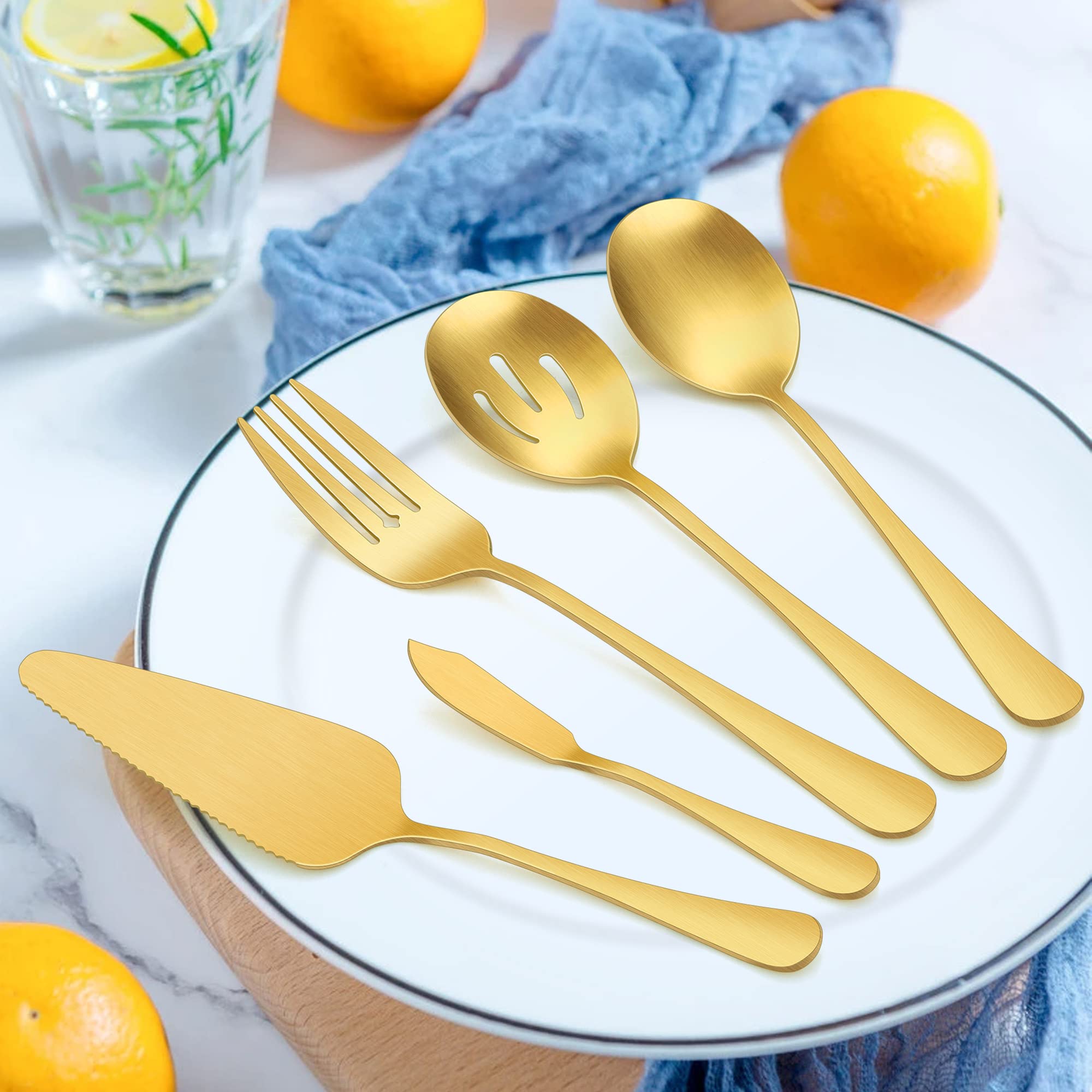 LIANYU 5-Piece Matte Gold Serving Utensils Set, Stainless Steel Serving Set Include Serving Spoon Fork, Flatware Serving Pieces for Buffet Catering, Satin Finish, Dishwasher Safe