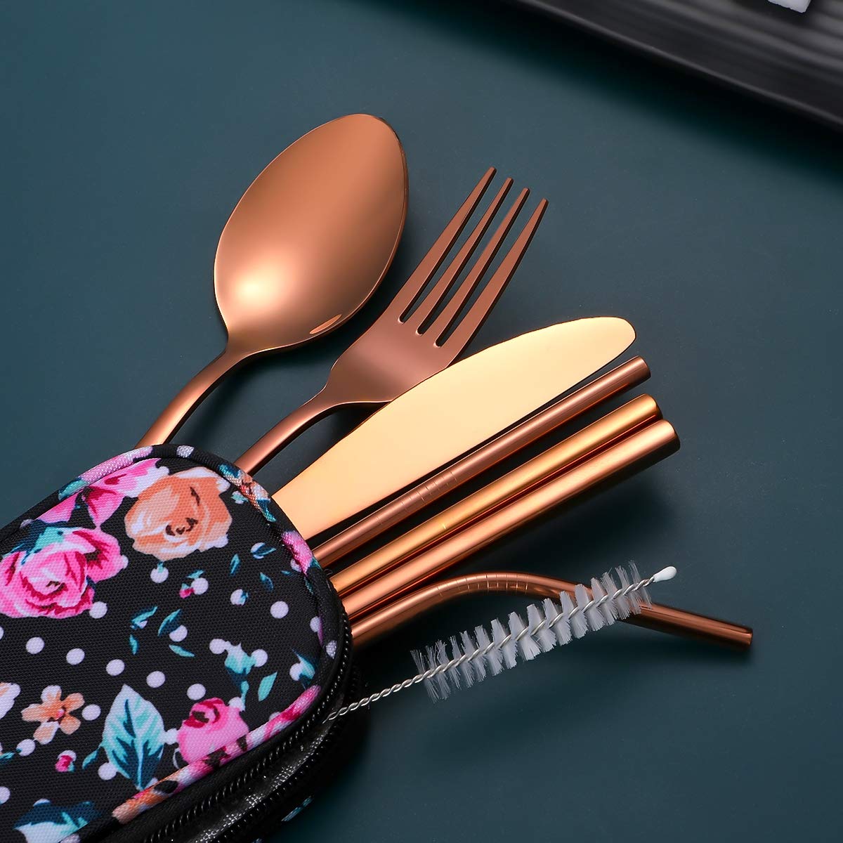 Travel Utensils,Reusable Silverware Set To Go Portable Cutlery Set with a Waterproof Carrying Case for Lunch Boxes Workplace Camping Picnic (Rosegold)