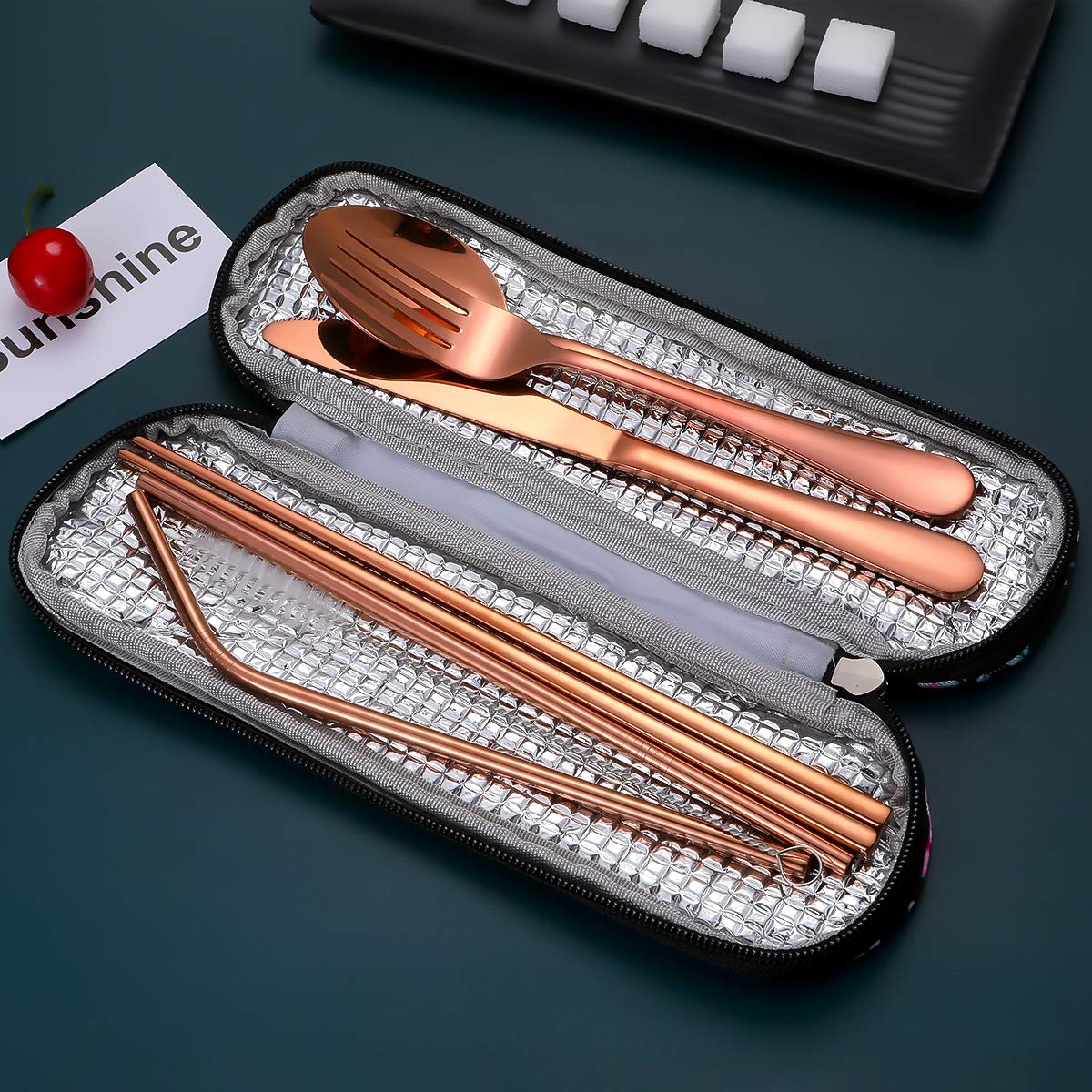 Travel Utensils,Reusable Silverware Set To Go Portable Cutlery Set with a Waterproof Carrying Case for Lunch Boxes Workplace Camping Picnic (Rosegold)