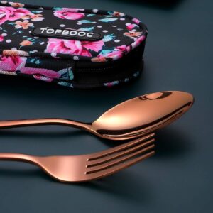 Travel Utensils,Reusable Silverware Set To Go Portable Cutlery Set with a Waterproof Carrying Case for Lunch Boxes Workplace Camping Picnic (Rosegold)