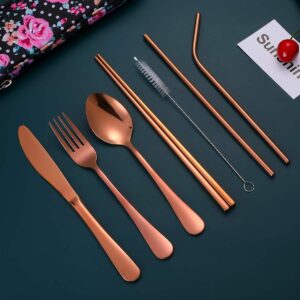 Travel Utensils,Reusable Silverware Set To Go Portable Cutlery Set with a Waterproof Carrying Case for Lunch Boxes Workplace Camping Picnic (Rosegold)