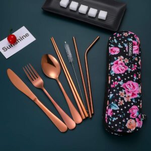 Travel Utensils,Reusable Silverware Set To Go Portable Cutlery Set with a Waterproof Carrying Case for Lunch Boxes Workplace Camping Picnic (Rosegold)