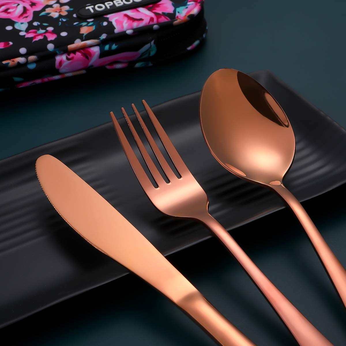 Travel Utensils,Reusable Silverware Set To Go Portable Cutlery Set with a Waterproof Carrying Case for Lunch Boxes Workplace Camping Picnic (Rosegold)