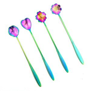 flower spoon set of 4 pcs, leefone 7" flower pattern long handle spoon stainless steel reusable tea scoops stirring spoon ice cream spoon coffee spoon sugar dessert cake spoon (rainbow)