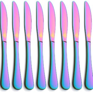 WYT Colorful Dinner Knives Set of 8, Stainless Steel Rainbow Premium Dinner Knife 9.1-Inche, Muticolorful 8-Piece Cutlery Dinner Knives, Mirror Polish, Dishwasher Safe…