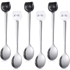 6 pieces cat coffee spoon cute stainless steel cat head spoon, lovely spoon, ice cream dessert spoon for stirring tea coffee sugar dessert (black, white)