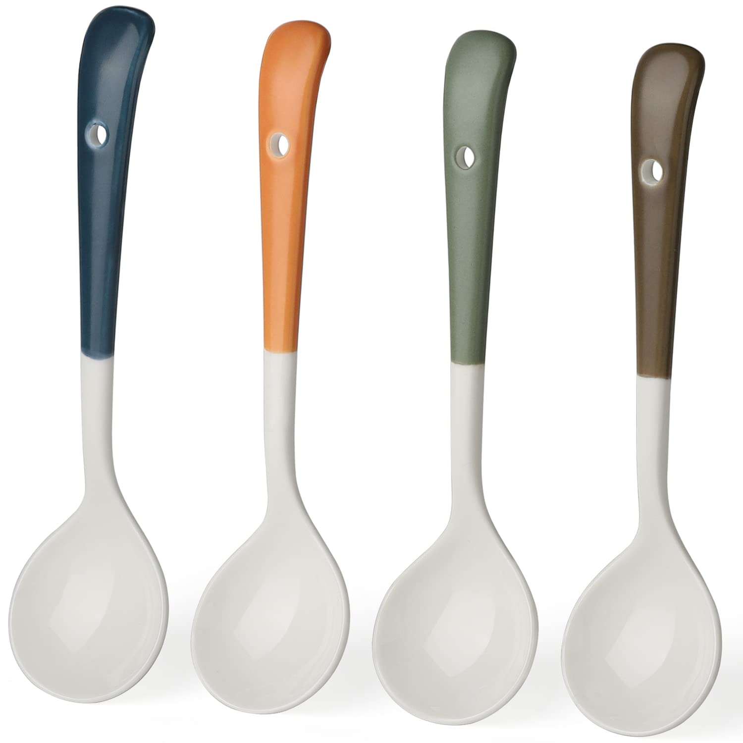 Ceramic Dessert Spoon Long Handle Dinner Spoons Set of 4 Korean Porcelain Spoons for Eating Dessert Appetizers Cereal (Double Color)