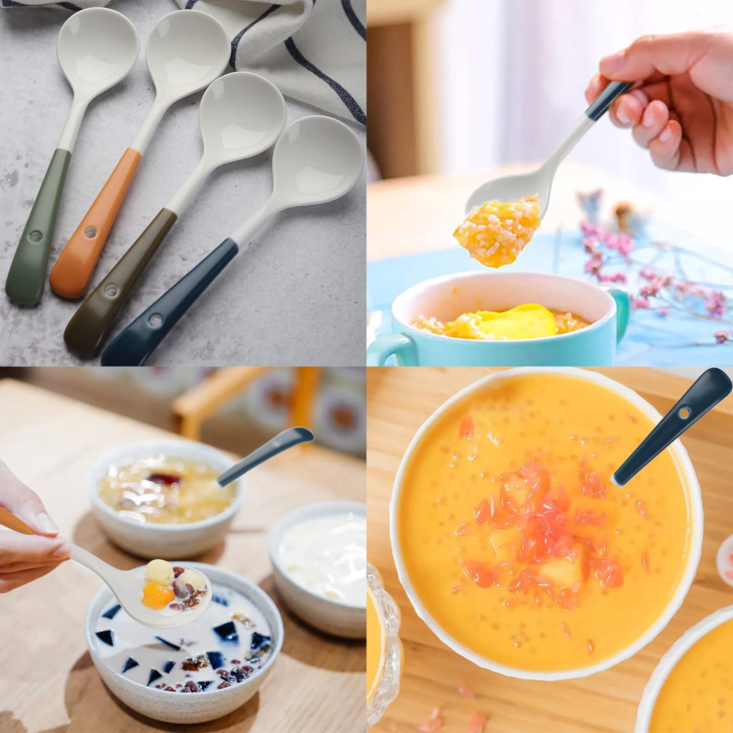 Ceramic Dessert Spoon Long Handle Dinner Spoons Set of 4 Korean Porcelain Spoons for Eating Dessert Appetizers Cereal (Double Color)