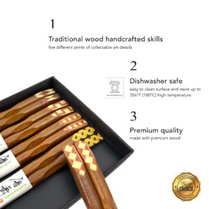 JapanBargain 4515, Bamboo Chopsticks Reusable Japanese Chinese Korean Wood Chop Sticks Hair Sticks 5 Pair Gift Boxed Set Dishwasher Safe (Brown)