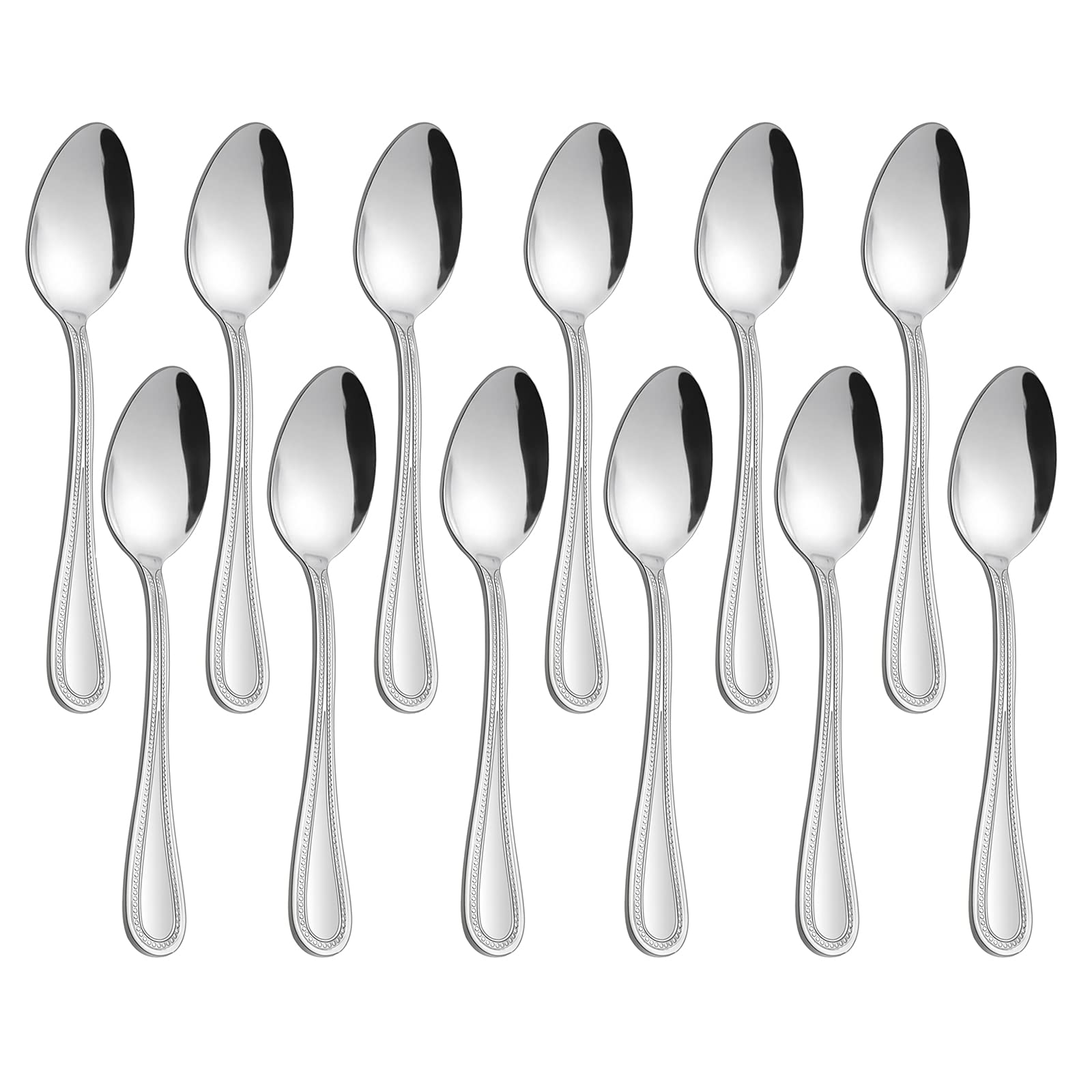 12-Pieces Teaspoons, HaWare Stainless Steel 7.1 Inches Pearled Edge Small Spoons, Classic Elegant Design, Mirror Polished, Dishwasher Safe