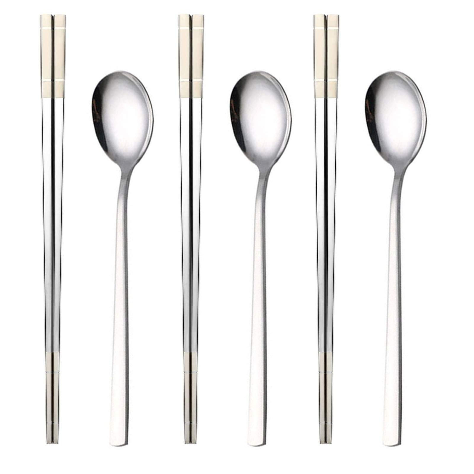 Reusable Korean Chopstick and Spoon Set, Long Handle Stainless Steel Soup Spoon and Chopsticks, Dishwasher Safe, Set of 3. (Silver)