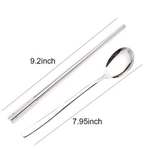 Reusable Korean Chopstick and Spoon Set, Long Handle Stainless Steel Soup Spoon and Chopsticks, Dishwasher Safe, Set of 3. (Silver)