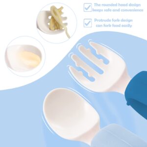 HIWOOD Baby Self Feeding Training Spoon and Fork Set with Travel Case, BPA-Free Cute Circle Toddler Training Utensils, Silicone/ABS Great Tableware Set Spoons Fork for Kids(Blue & Light blue)