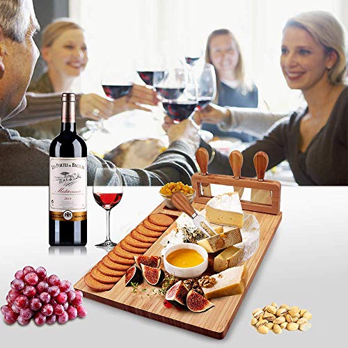 Bamboo Cheese Board Set, Charcuterie Platter and Serving Meat Board Including 4 Stainless Steel Knife and Serving Utensils, Unique Gifts for Christmas Wedding Birthday Anniversary(14''x11'')