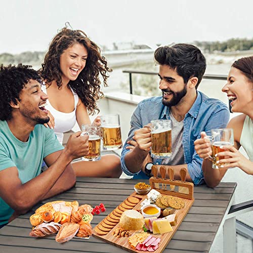 Bamboo Cheese Board Set, Charcuterie Platter and Serving Meat Board Including 4 Stainless Steel Knife and Serving Utensils, Unique Gifts for Christmas Wedding Birthday Anniversary(14''x11'')